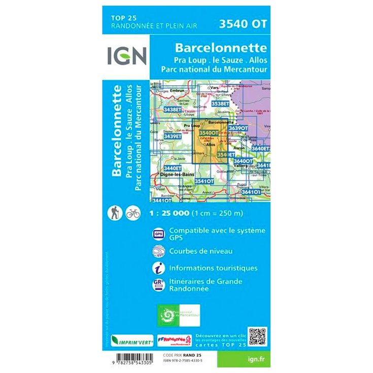 IGN Map 3540OT Barcelonnette, Pra Loup, le Sauze, Allos, Parc national ...