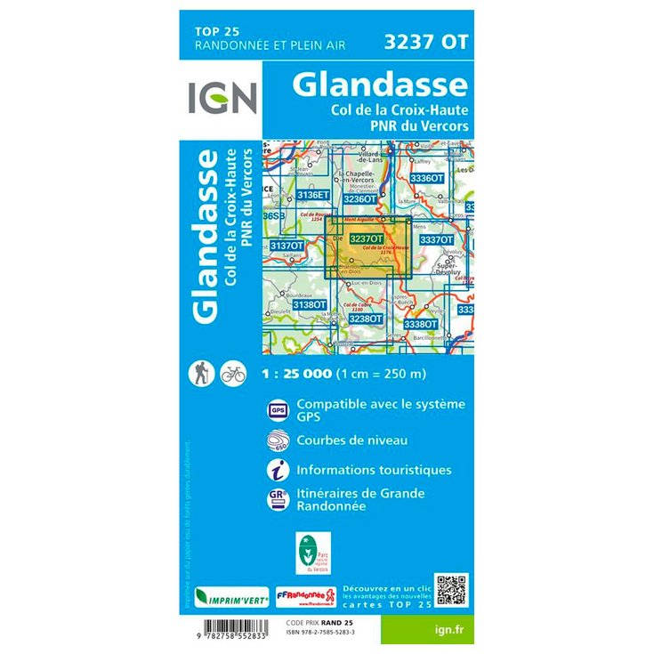 IGN Map 3237OT Glandasse, Col de la Croix-Haute, PNR du Vercors ...